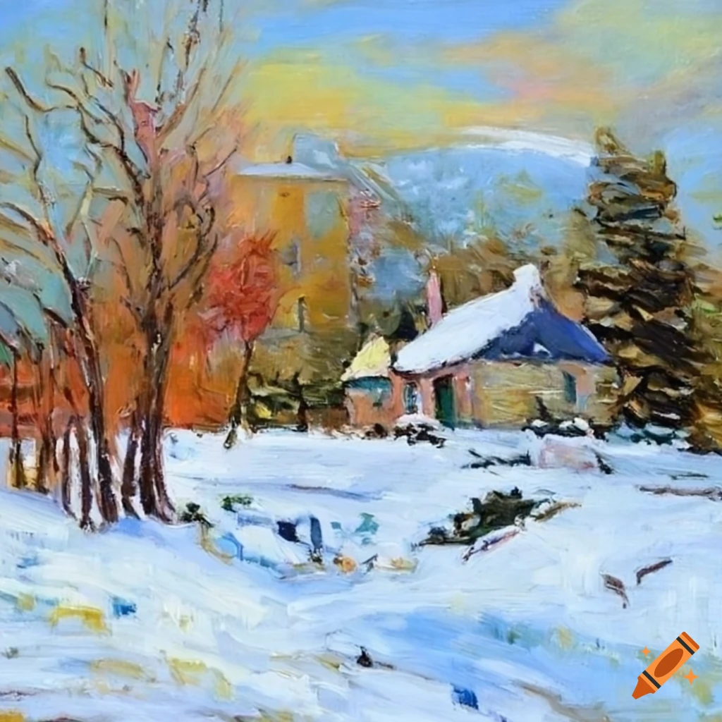 Captivating oil painting of a snow-covered countryside with a charming ...