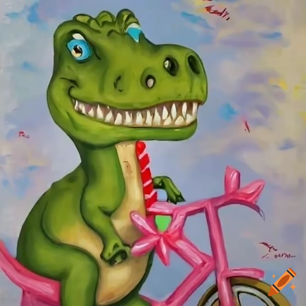 Cartoon t-rex riding a bicycle with a pink bow