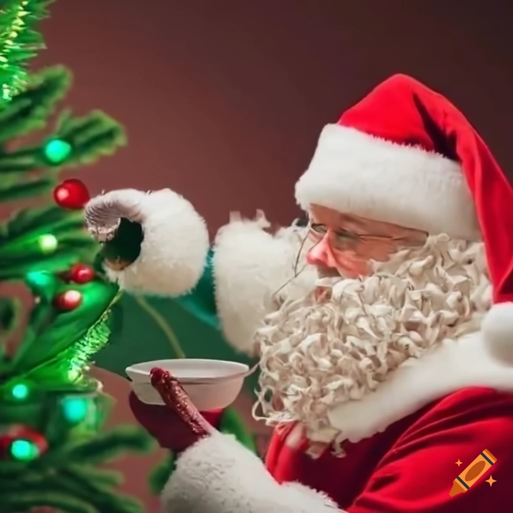 Santa pouring coffee beans on a christmas tree on Craiyon