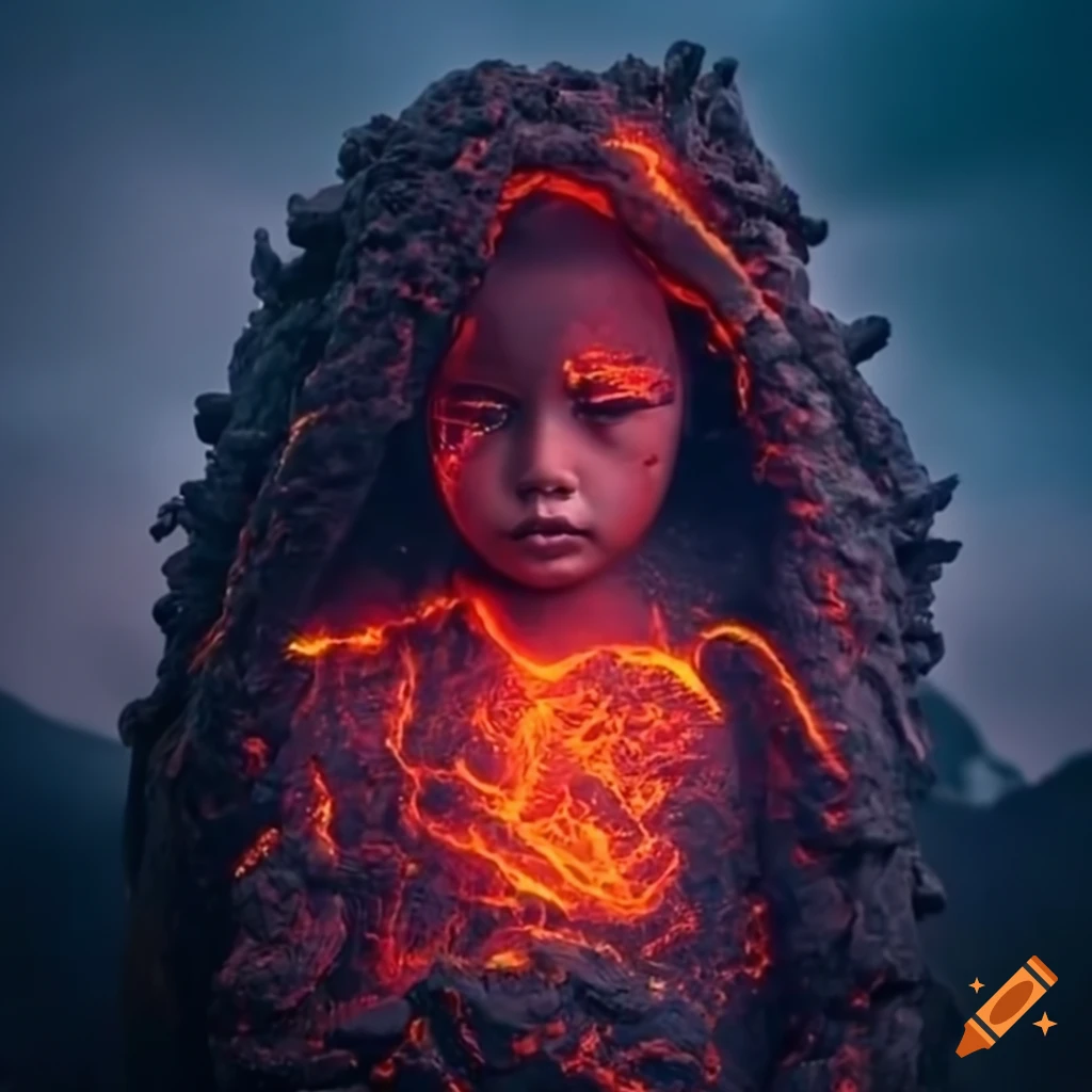 Artwork of a lava goddess in a volcano