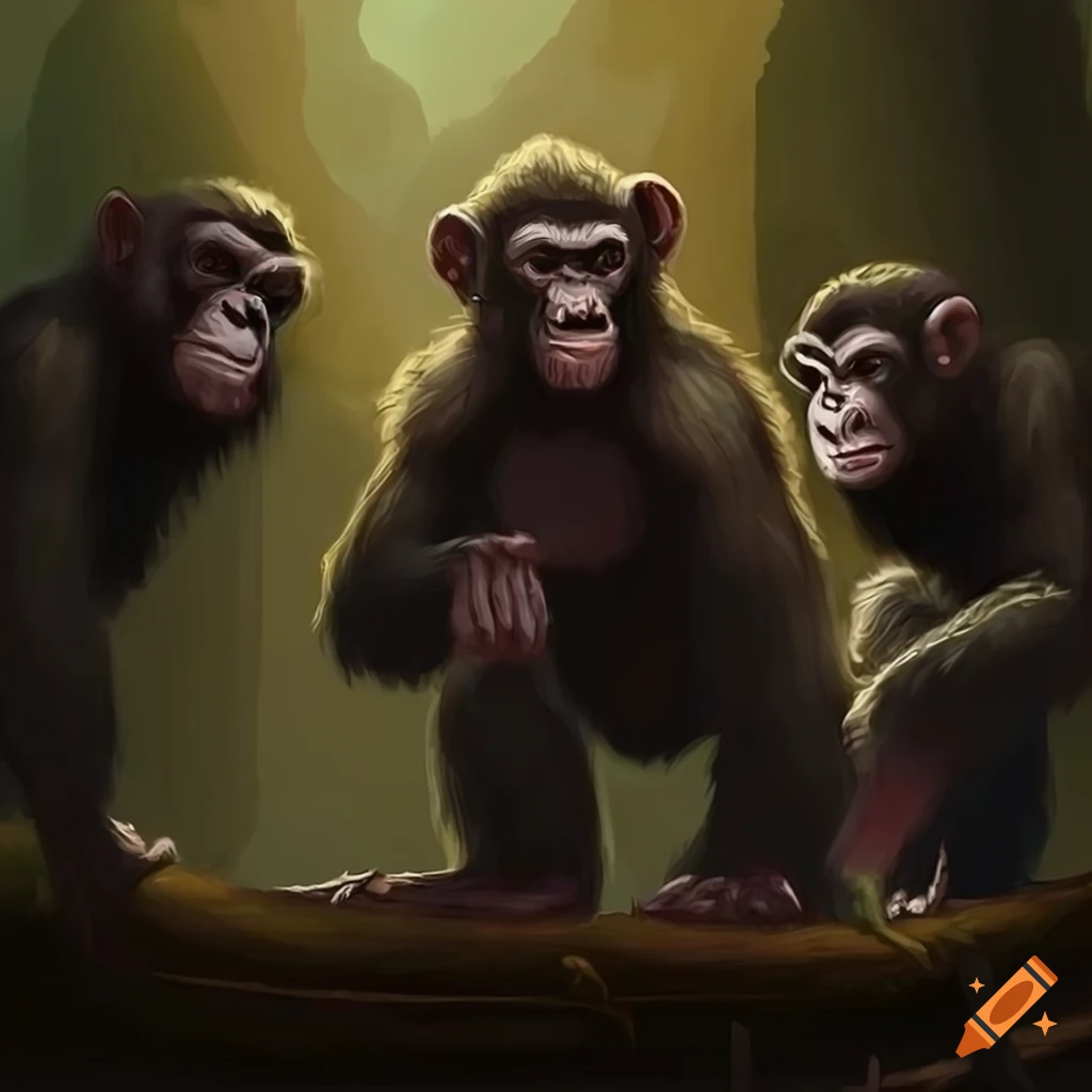 Fantasy artwork with four apes in discussion on Craiyon