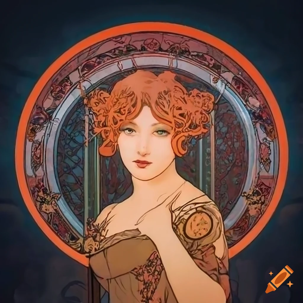 Art nouveau sci-fi woman in the style of alphonse mucha on Craiyon