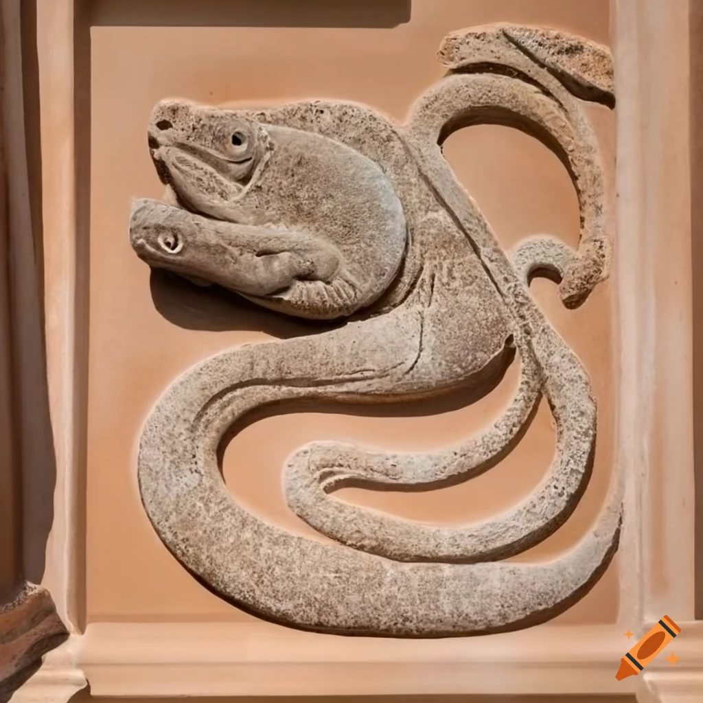Stone bas relief carving of a moray eel on Craiyon