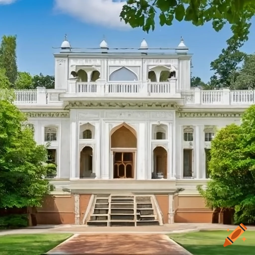 White Mughal-style building with elaborate front elevation on Craiyon