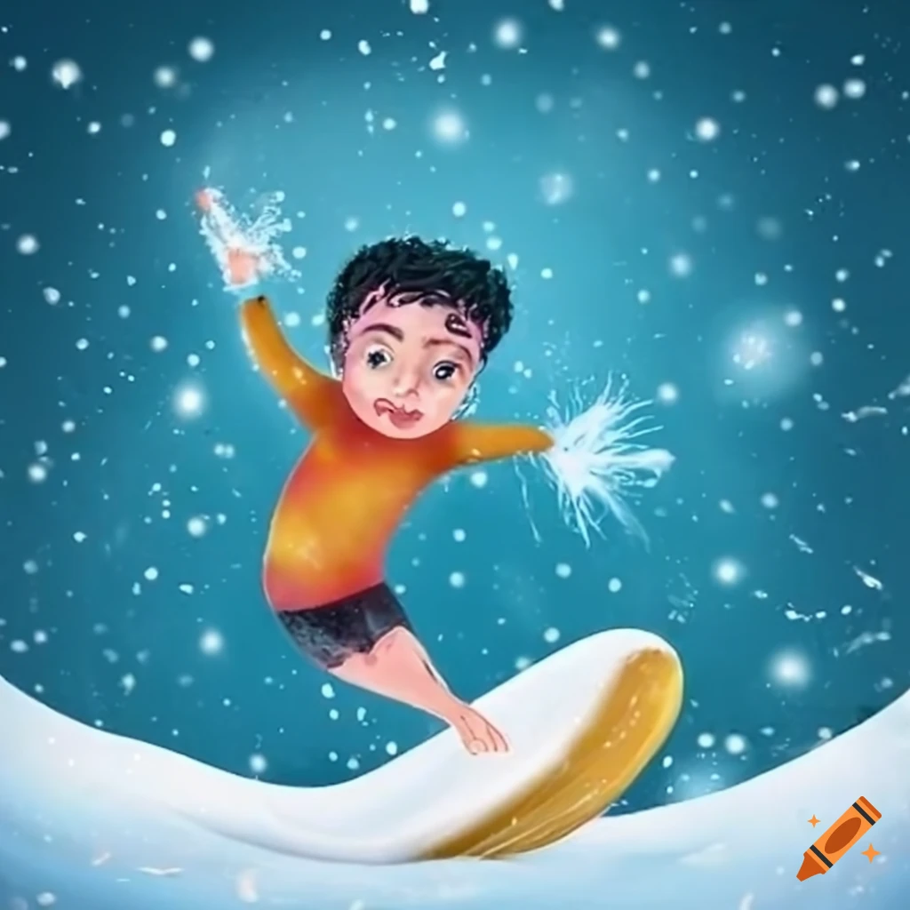 Happy cartoon boy jumping in a swirling snow blizzard on Craiyon