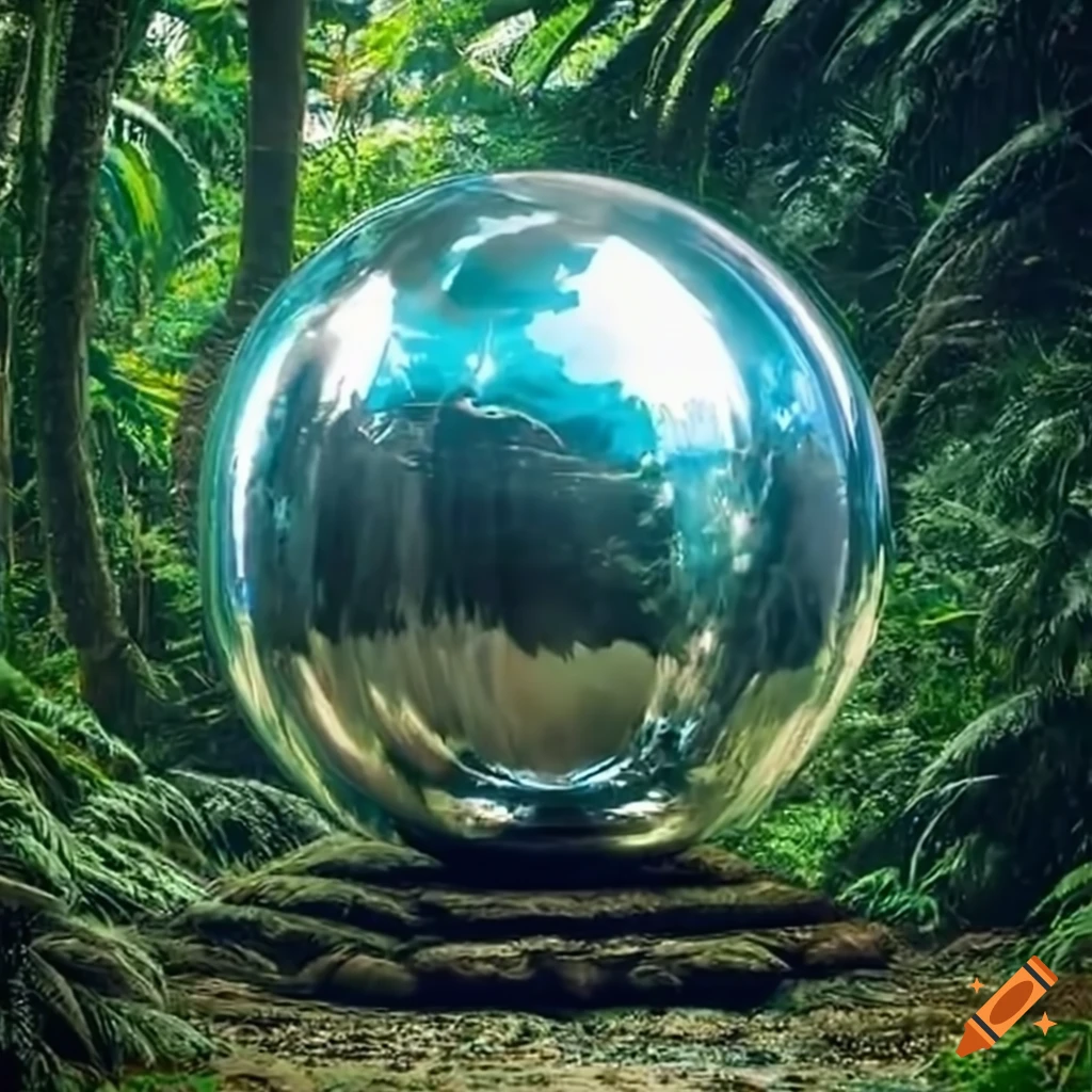 Chrome ball sculpture in the jungle