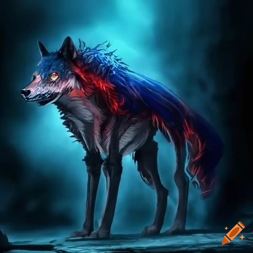 Digital art of a flaming wolf ridden by skeleton on Craiyon