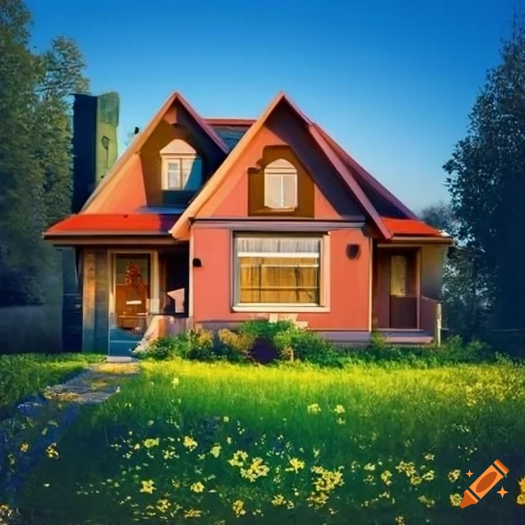 Suburban house with a wild flower lawn on Craiyon