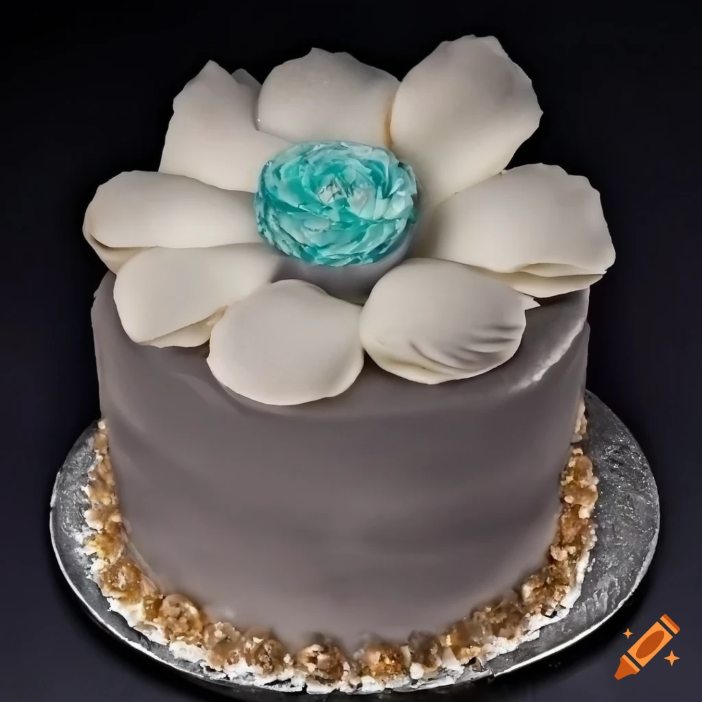 Dark gray cake with a light gray rose and emerald jelly crystals on Craiyon