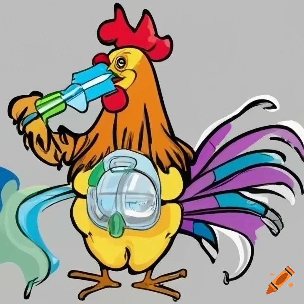 Cartoon rooster with nebulizer mask on Craiyon
