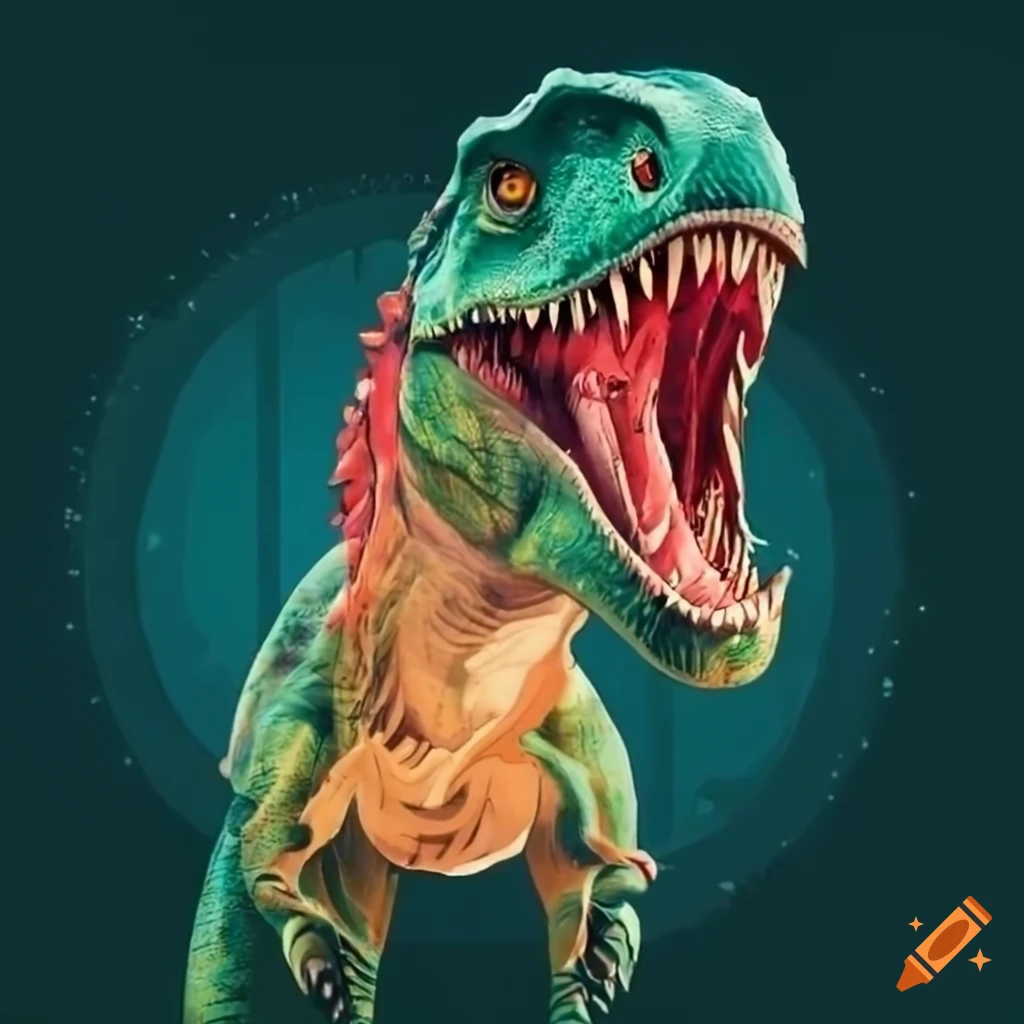 T-rex in jurassic park-inspired japanese art on Craiyon