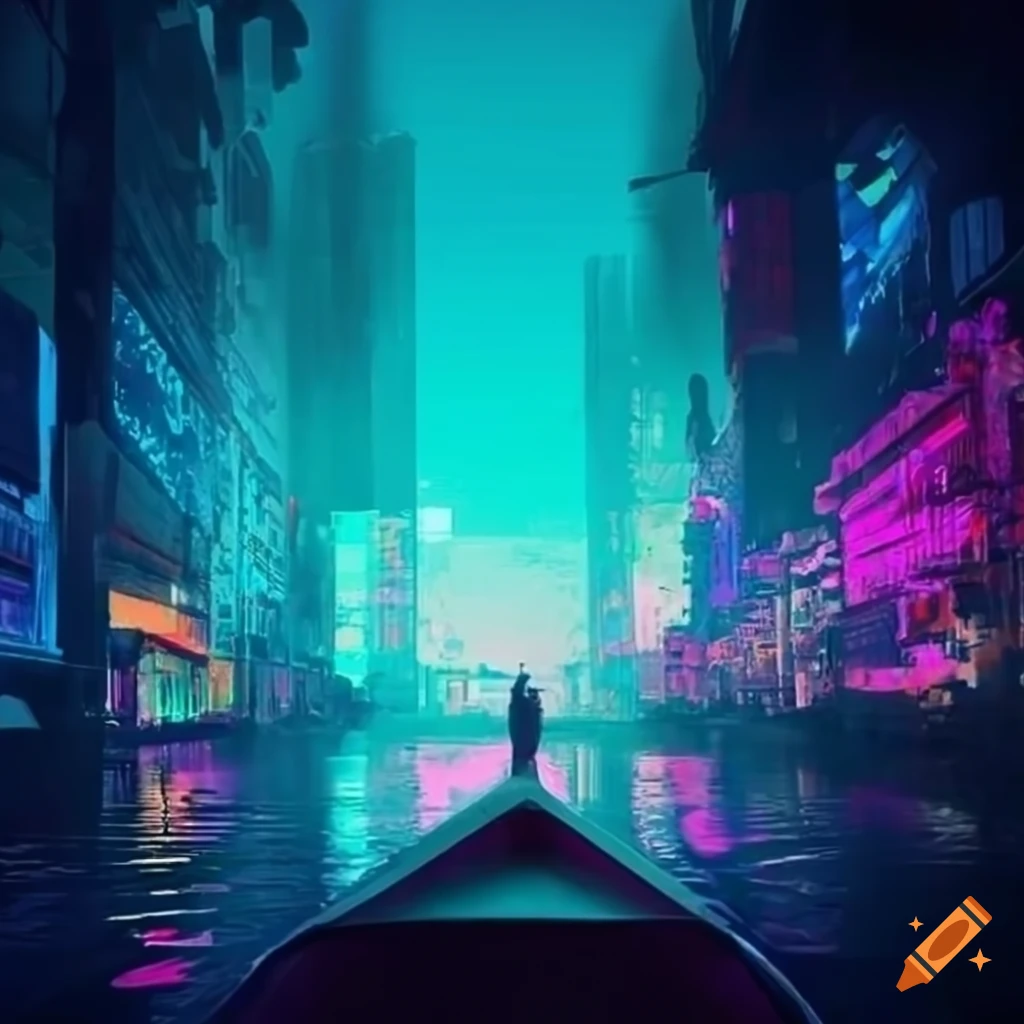 Cyberpunk scene with person in a boat on a lake
