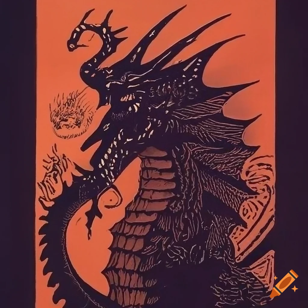 Linocut of Egyn demon king riding a dragon on Craiyon