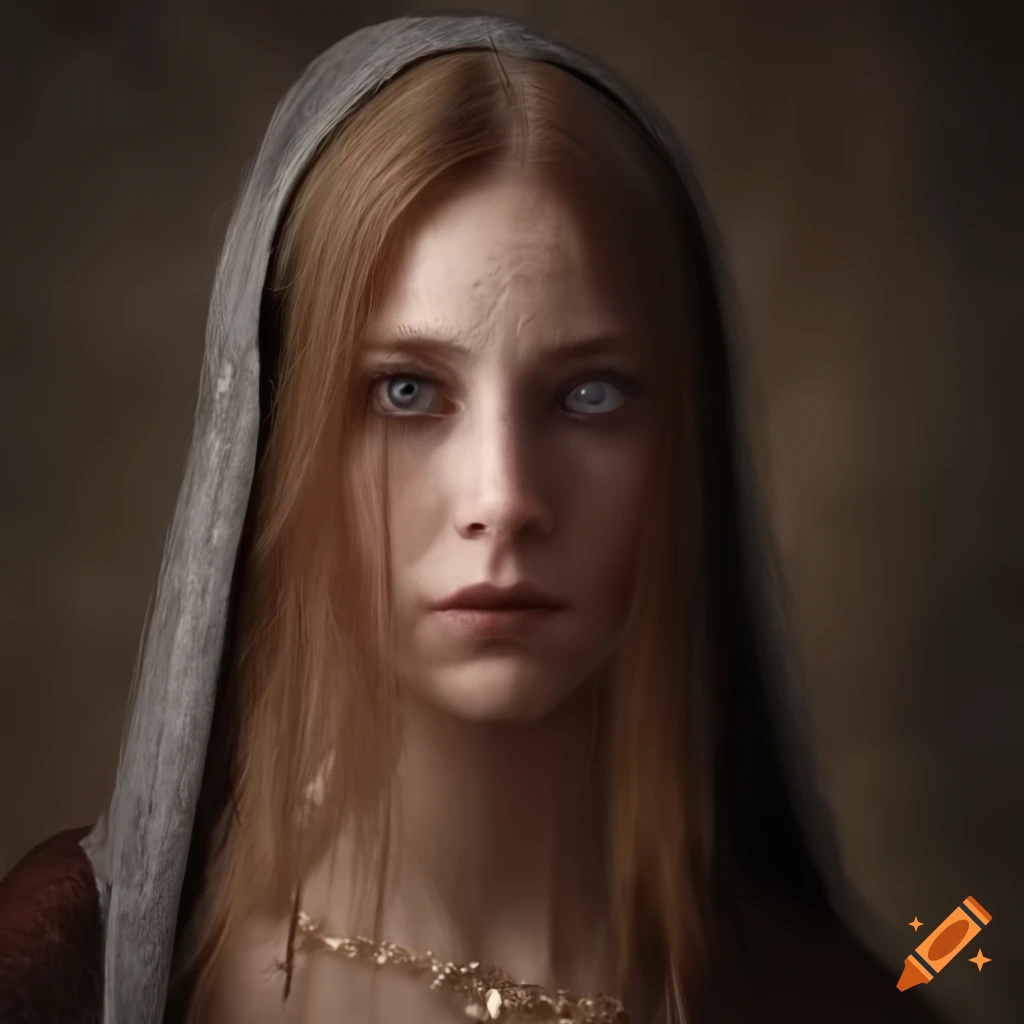 Portrait of a medieval woman with long hair and dark eyes on Craiyon