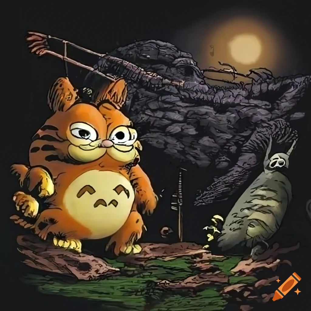 Noir graphic novel illustration of godzilla, totoro, and garfield on ...