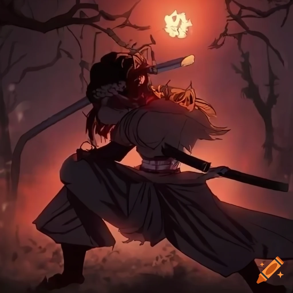 Illustration of a samurai fighting a female demon in a forest on Craiyon