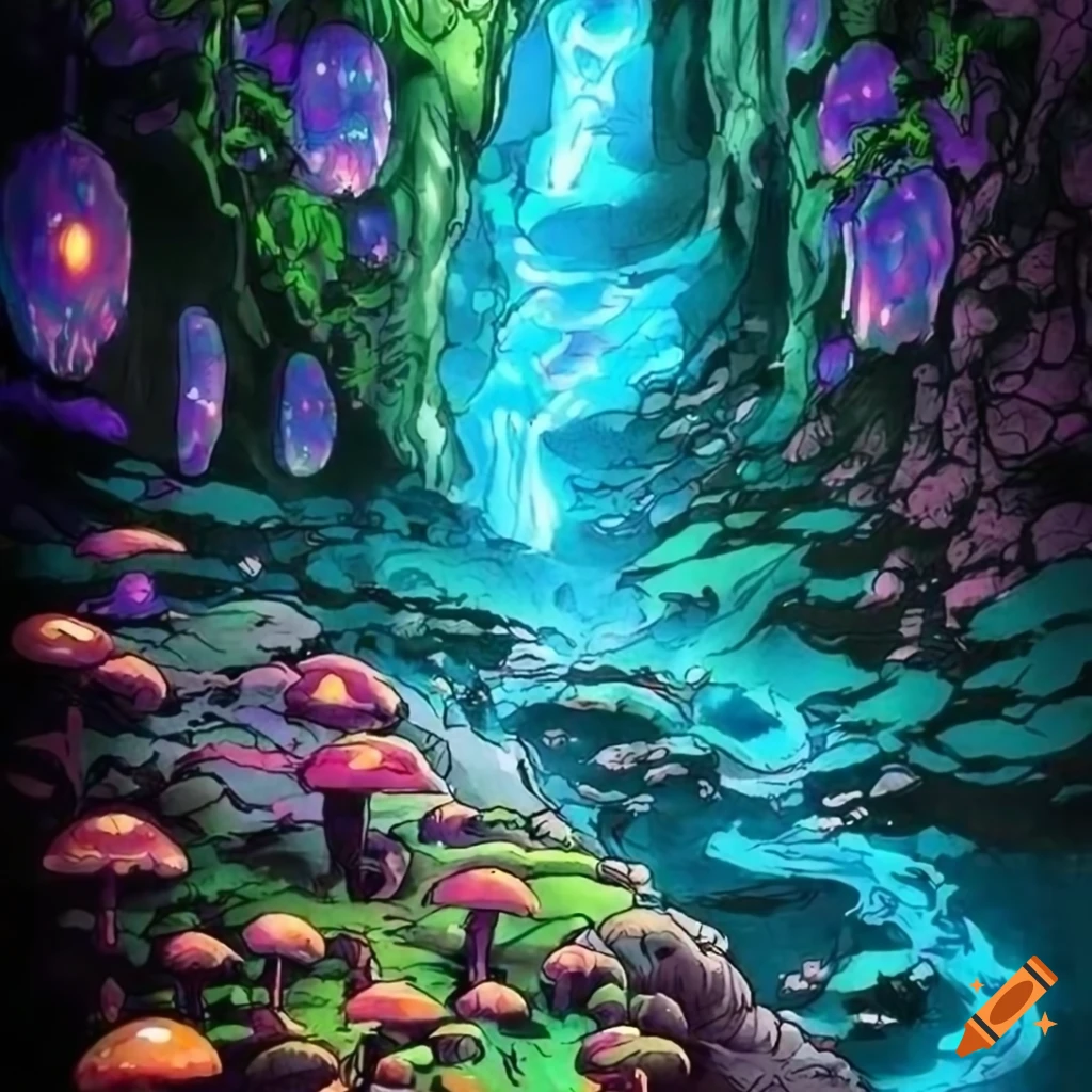 Artistic depiction of a vibrant underground cave
