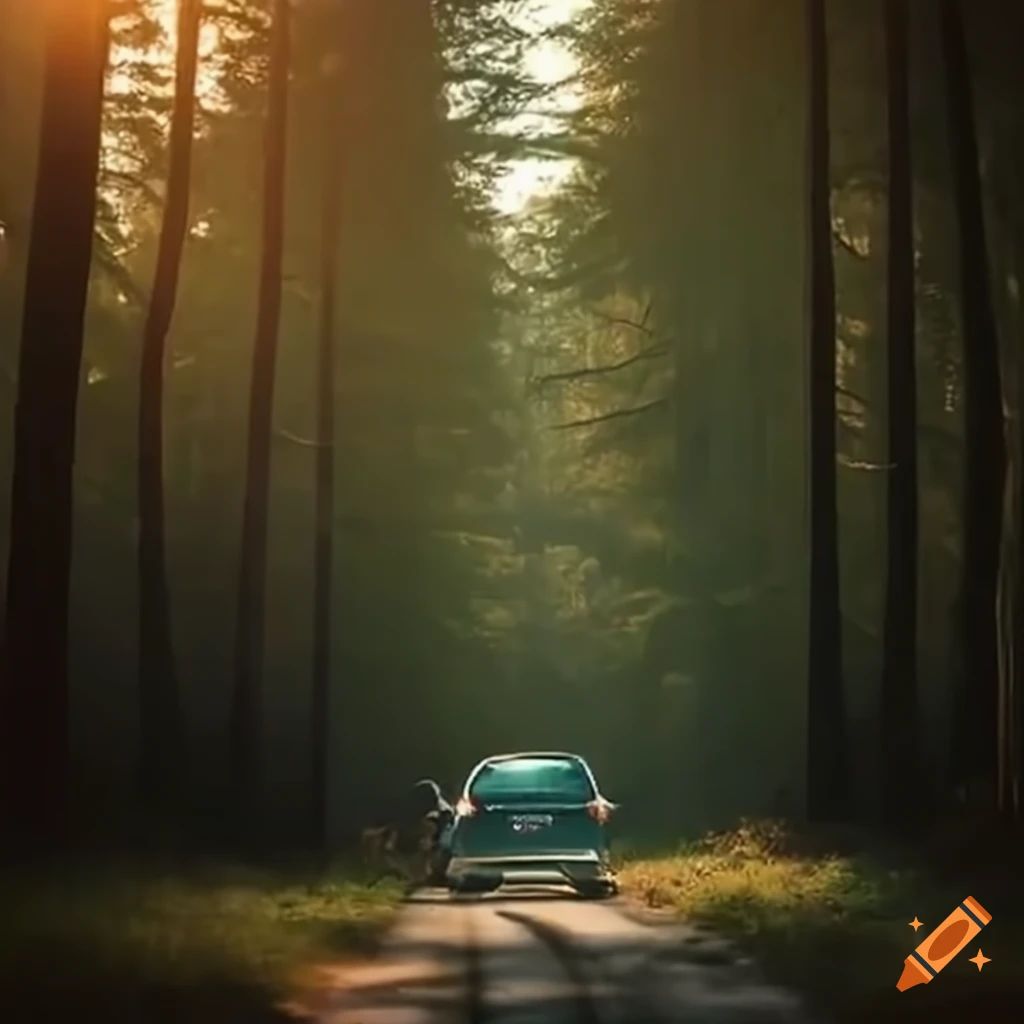 Person getting out of a car in the forest on Craiyon