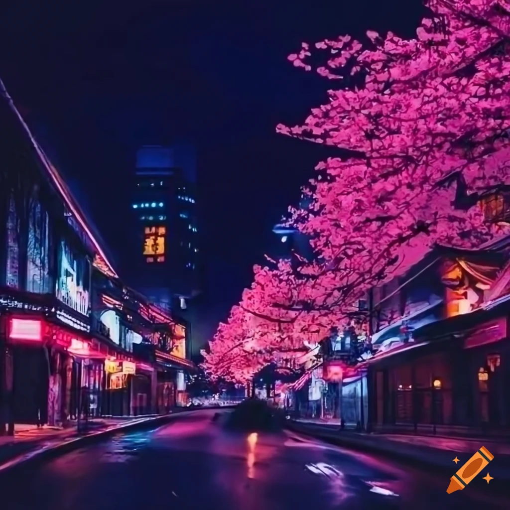 Night view of a Japanese city with Sakura tree on Craiyon