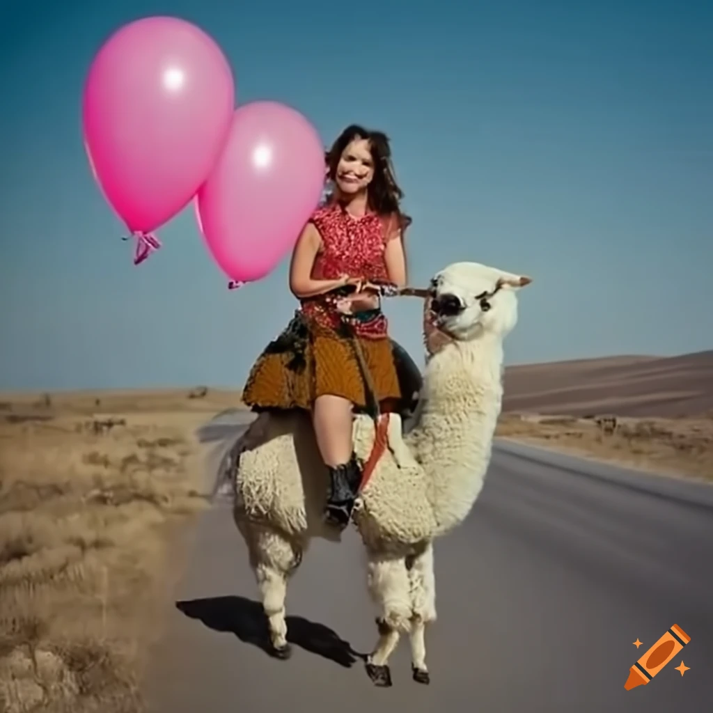 Woman riding an alpaca with pink balloons