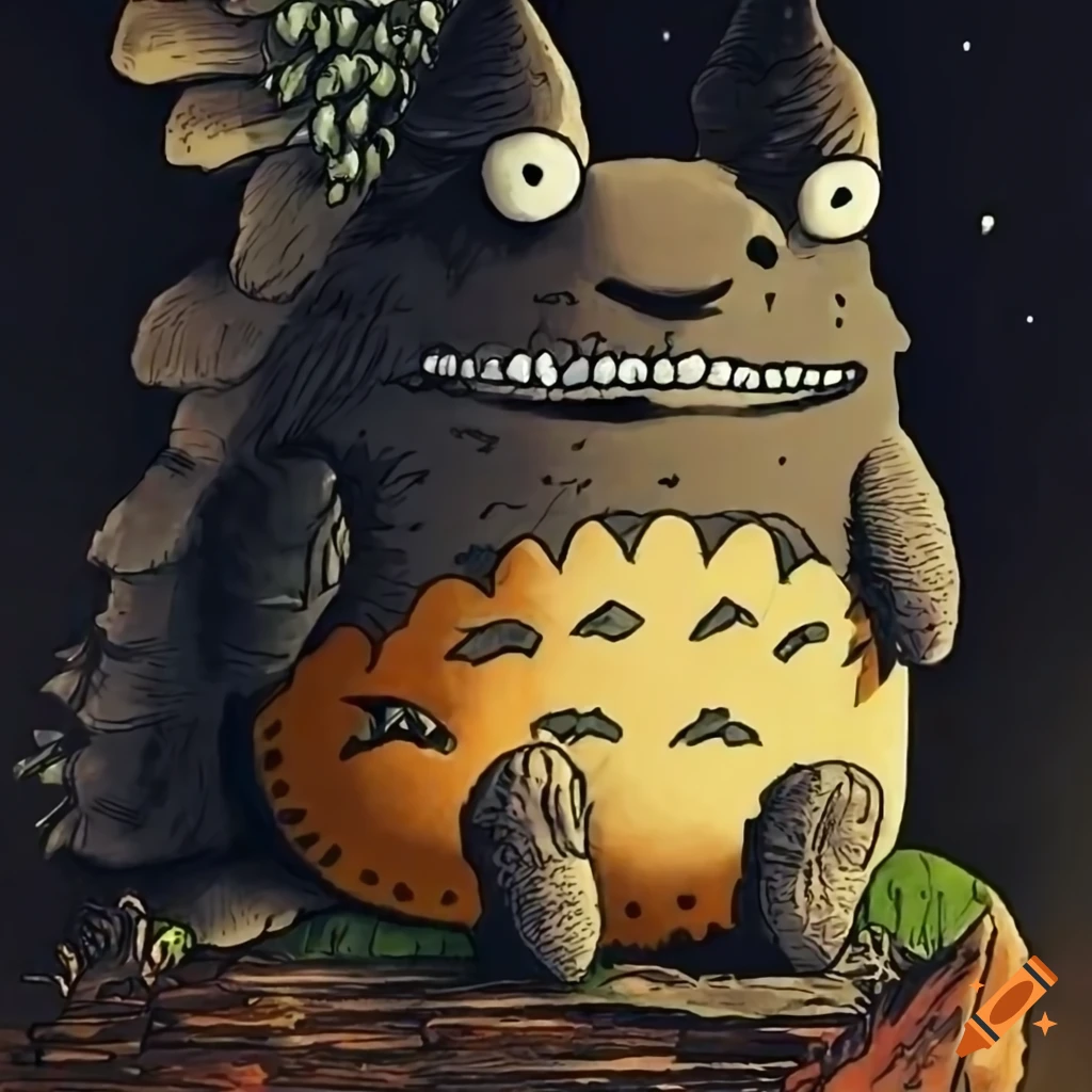 Noir graphic novel style artwork of godzilla totoro versus garfield