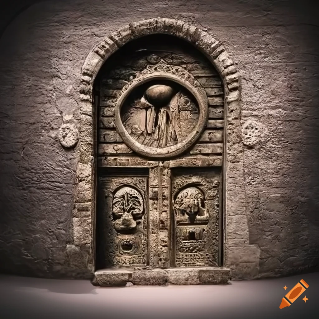 Ancient Etruscan style stone door with engraved symbol on Craiyon