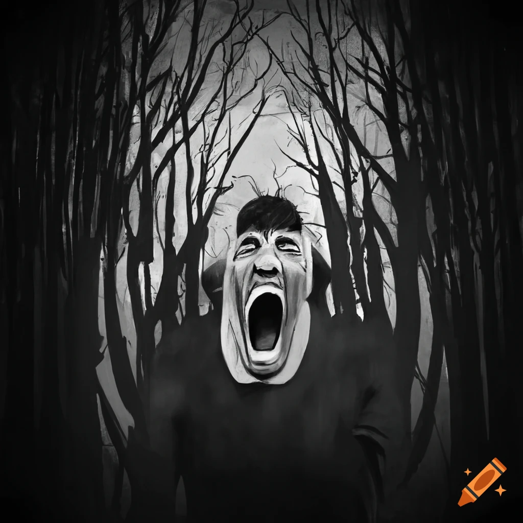 Black and white artwork of a man screaming in a forest on Craiyon