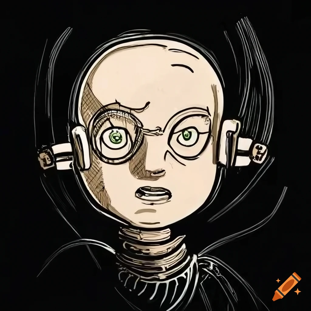 Cartoon line drawing of a retro sci-fi end credits sequence