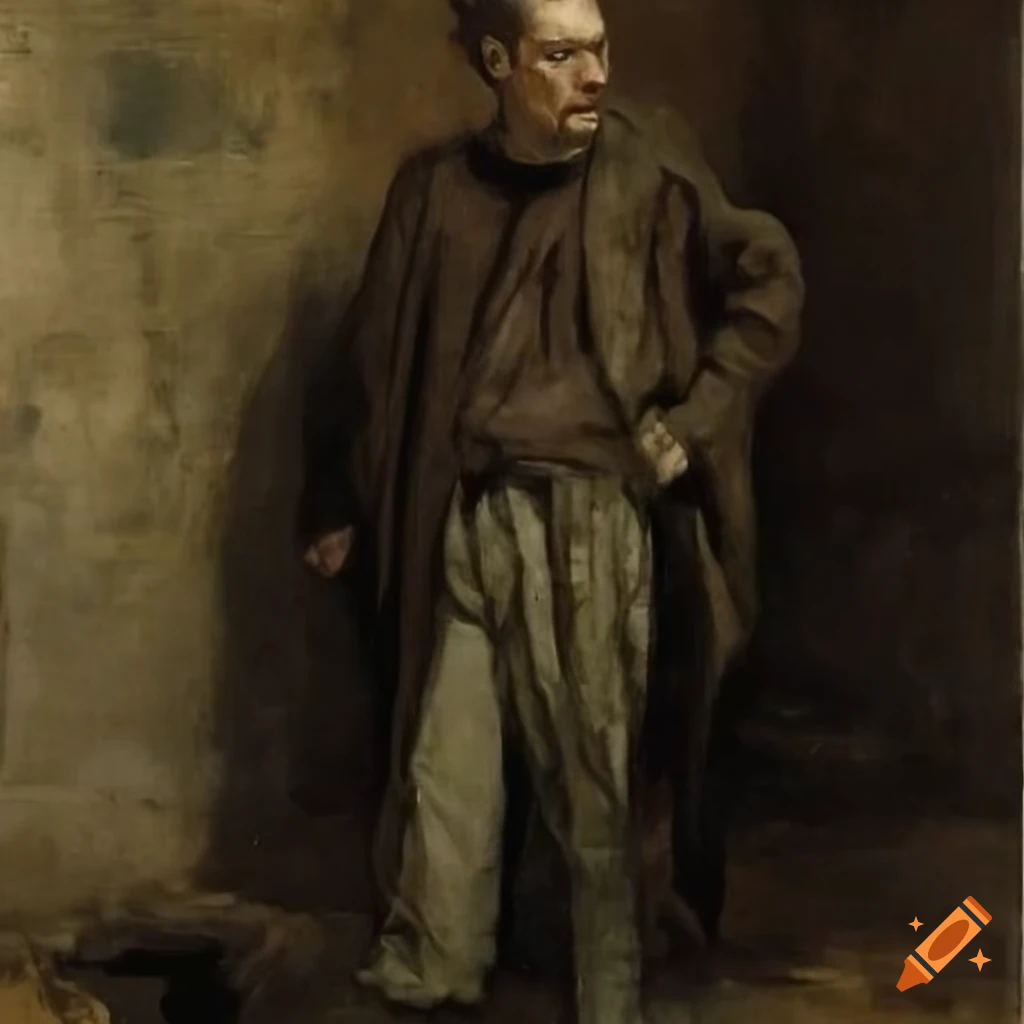 Dark painting of a man in tattered rags on Craiyon