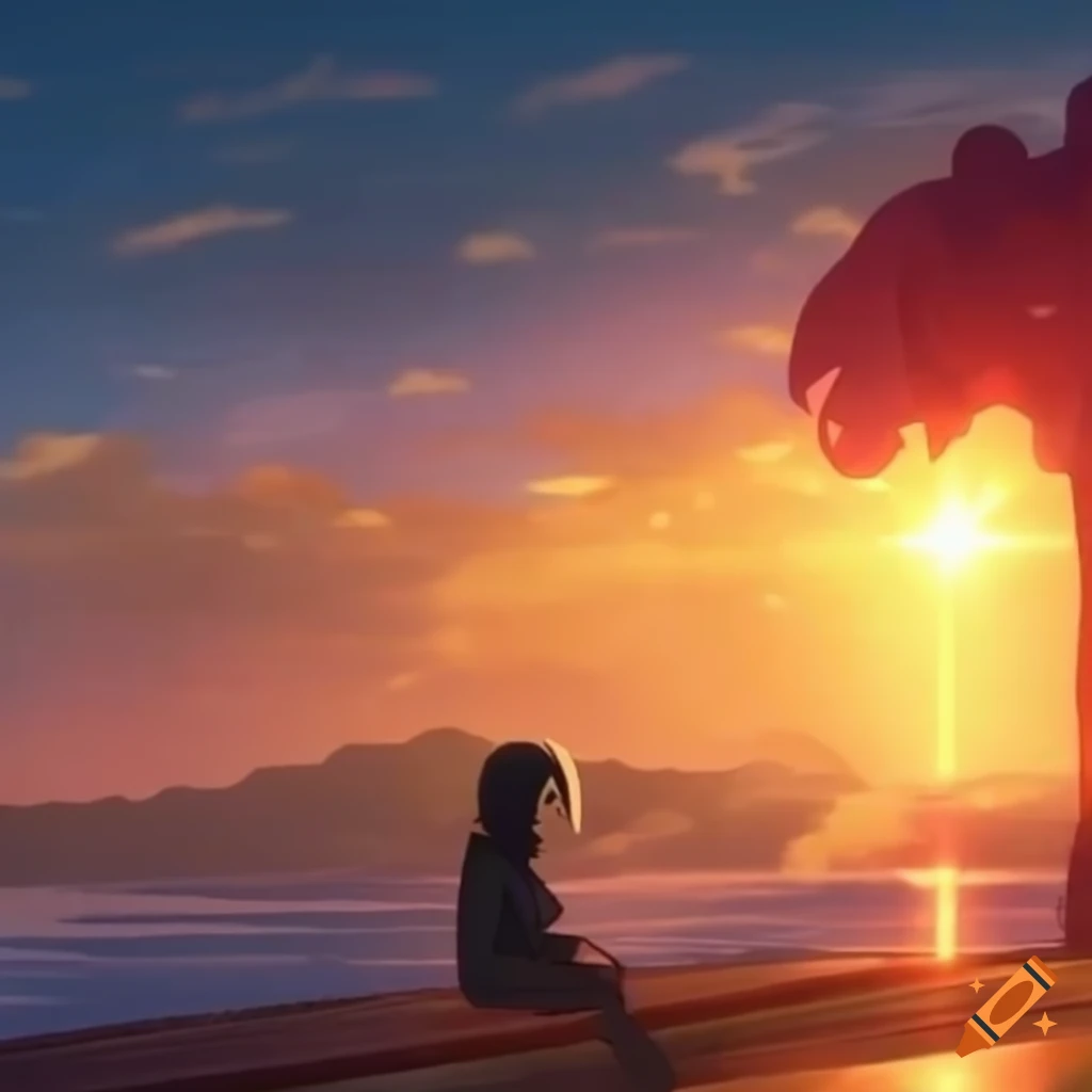 Anime character enjoying a sunset while reading on Craiyon