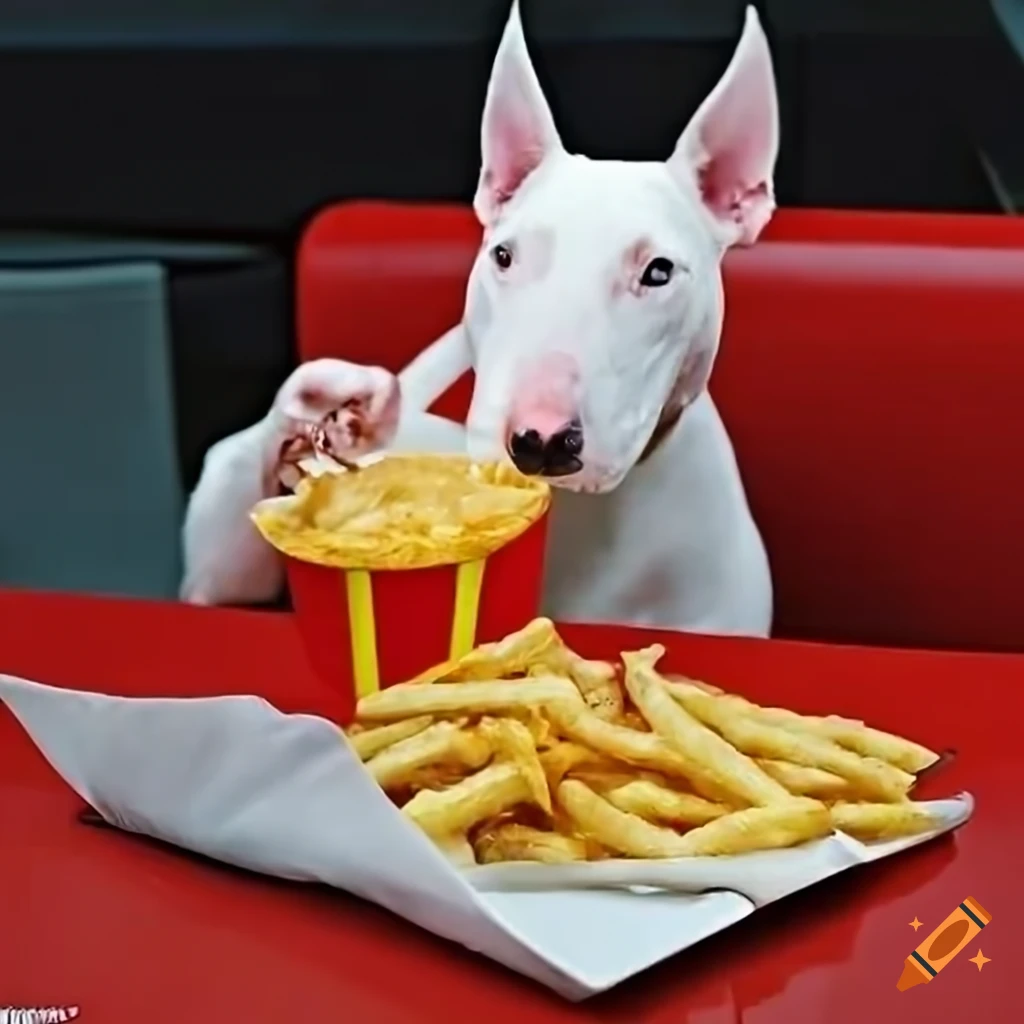 Bull terrier enjoying french fries at McDonald's on Craiyon