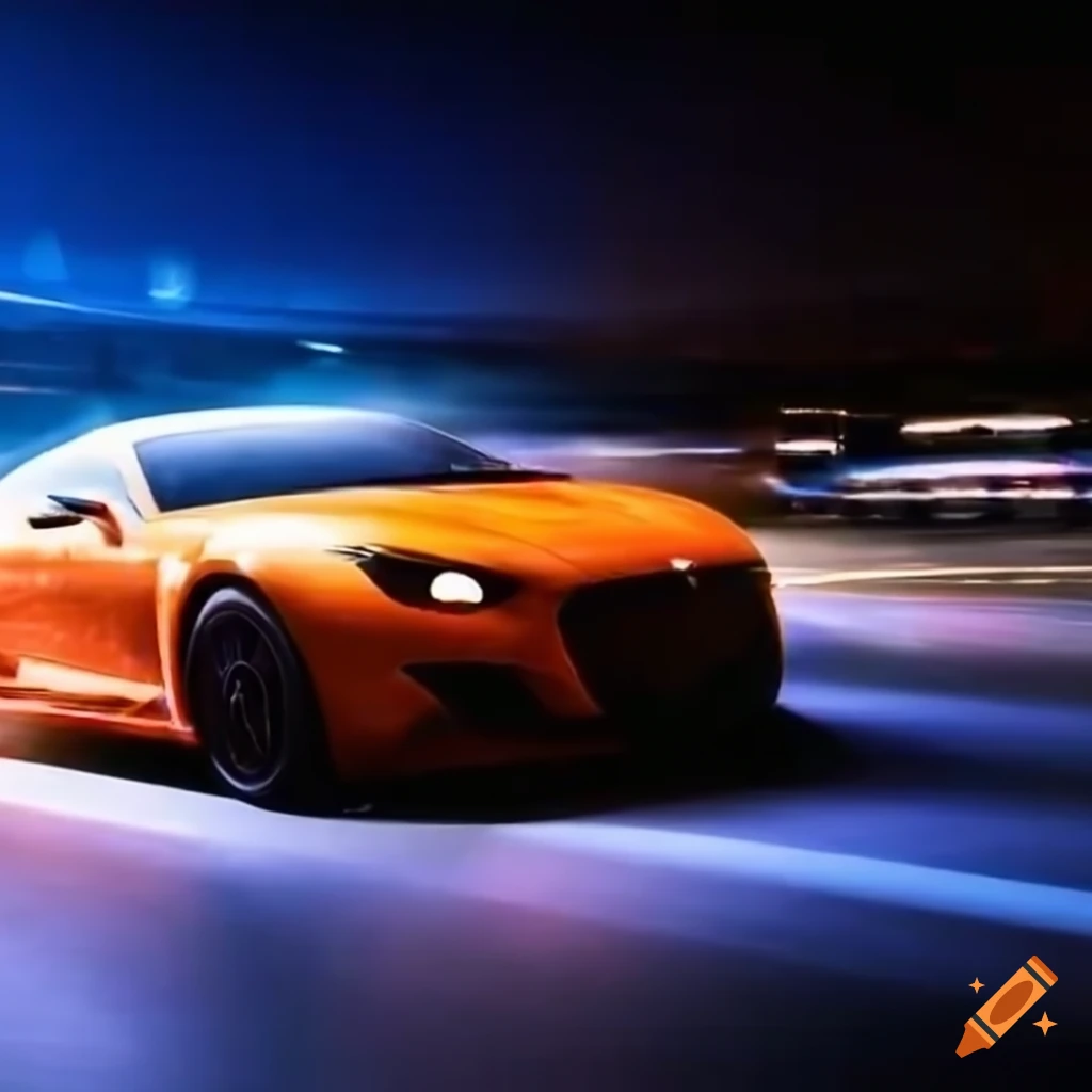 Night race with two speeding sports cars on Craiyon