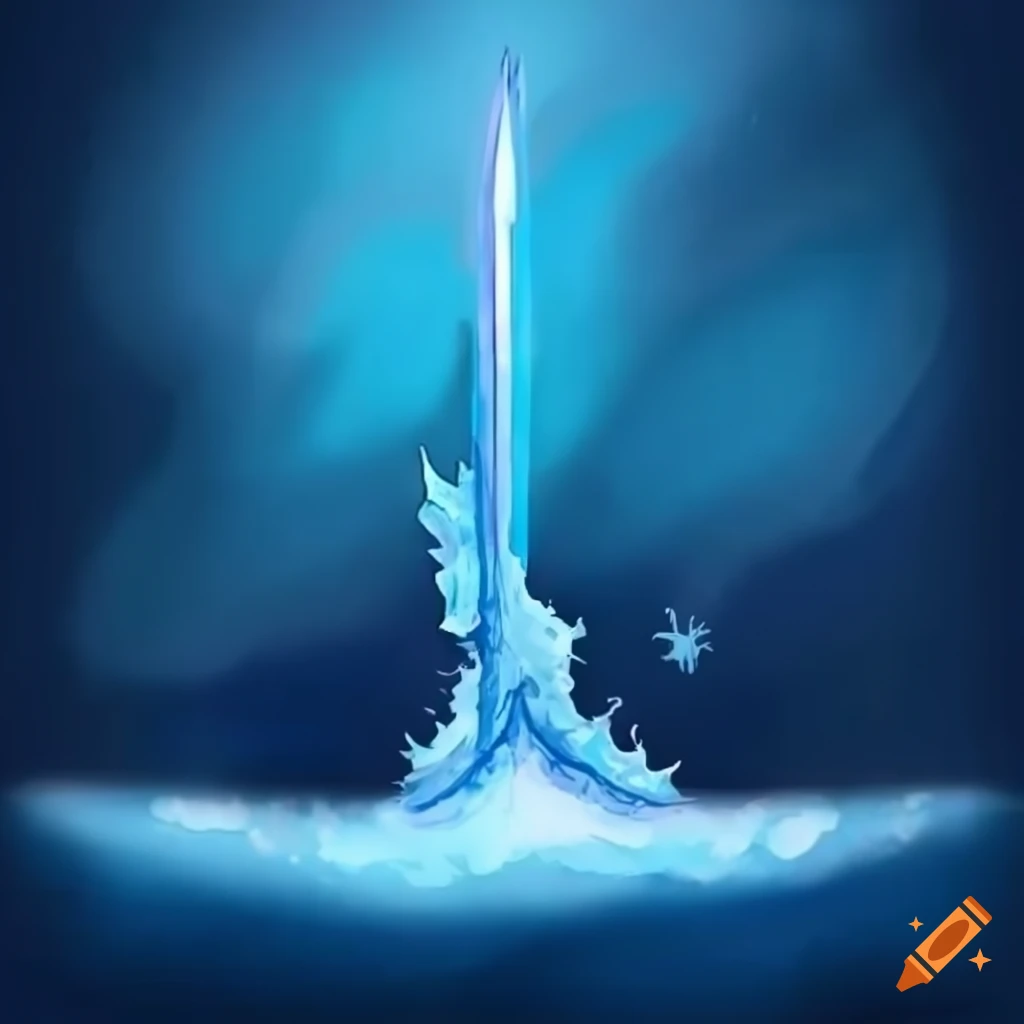 Artwork of a blue sword in an icy landscape on Craiyon