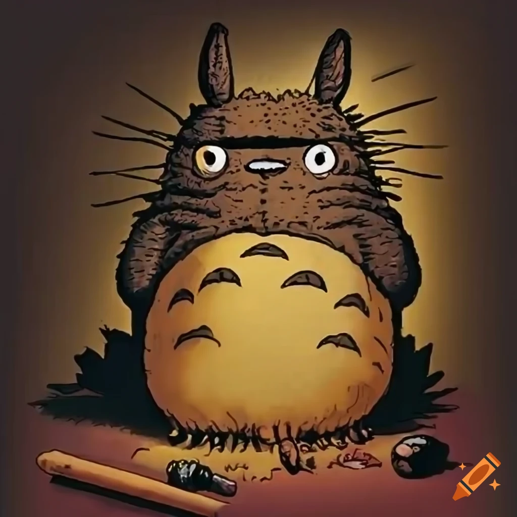 Noir graphic novel style illustration of godzilla totoro and garfield ...