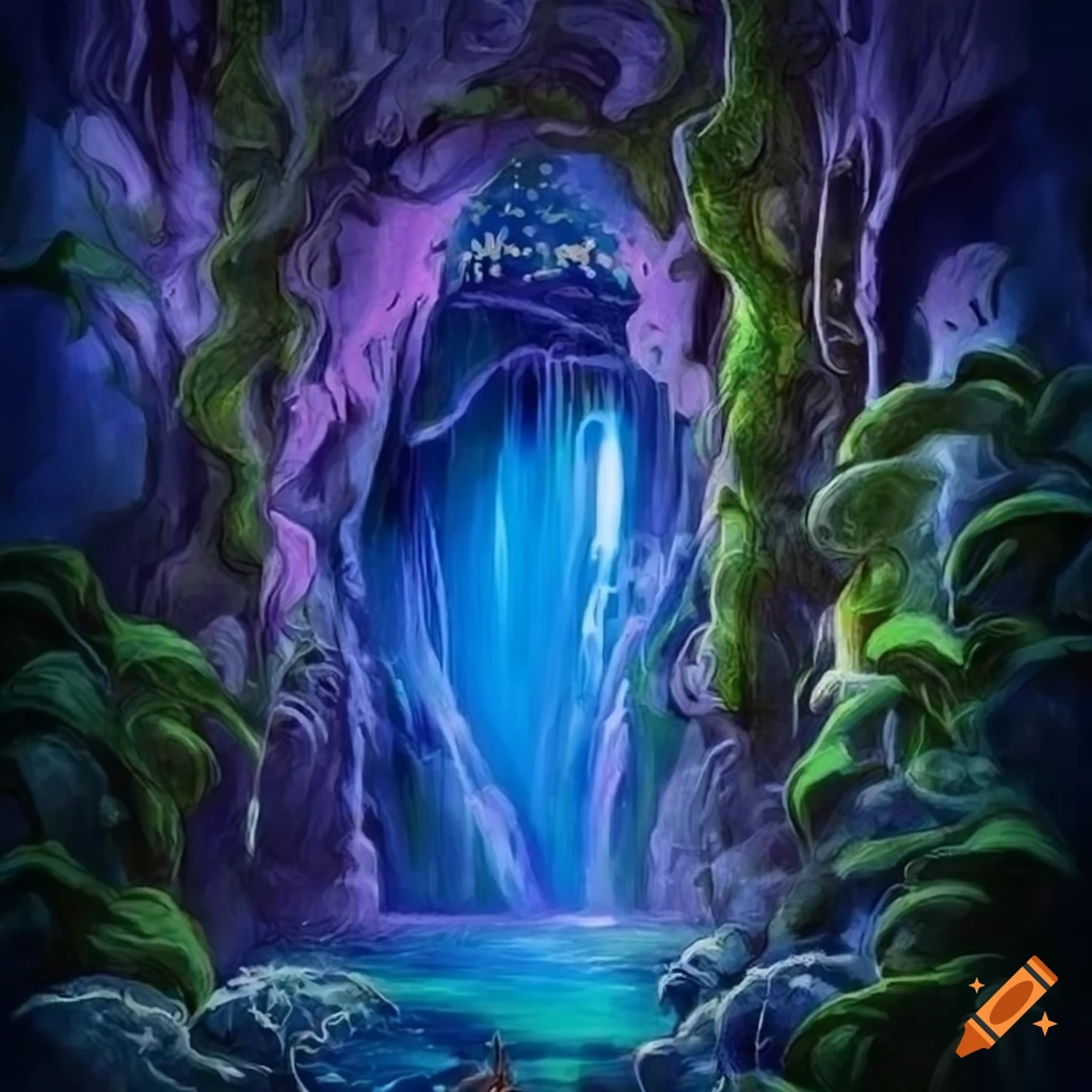 Illustration of a magical cave with glowing mushrooms and waterfalls on Craiyon