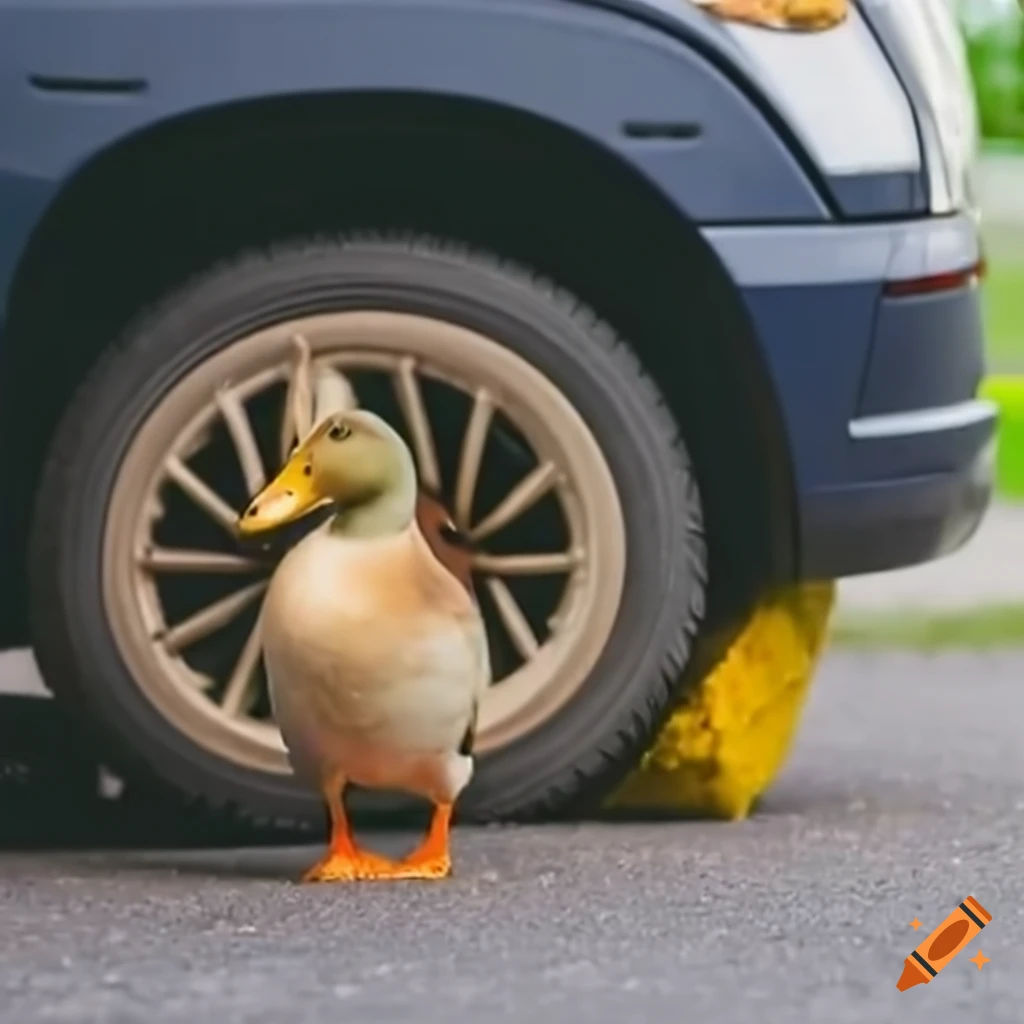 Duck next to a car with a flat tire