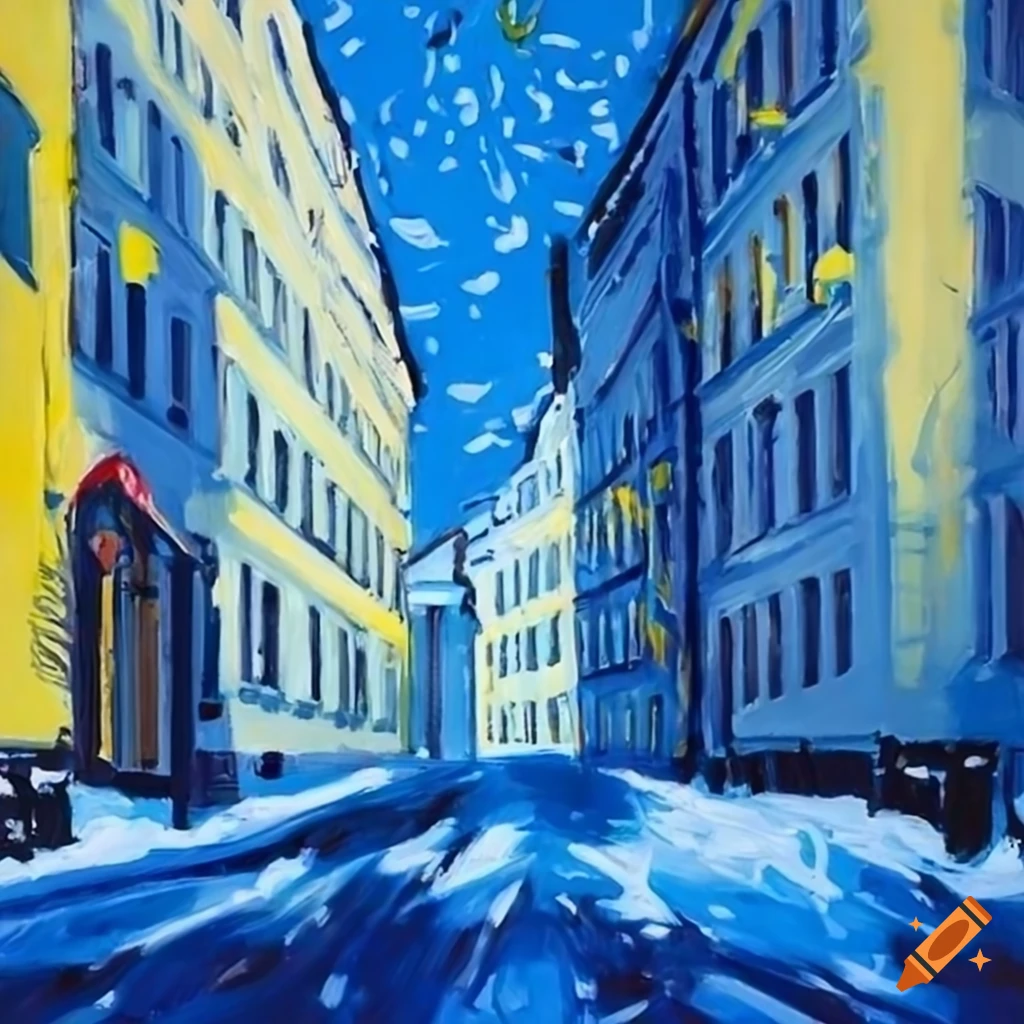 Winter street in oslo with blue and yellow art