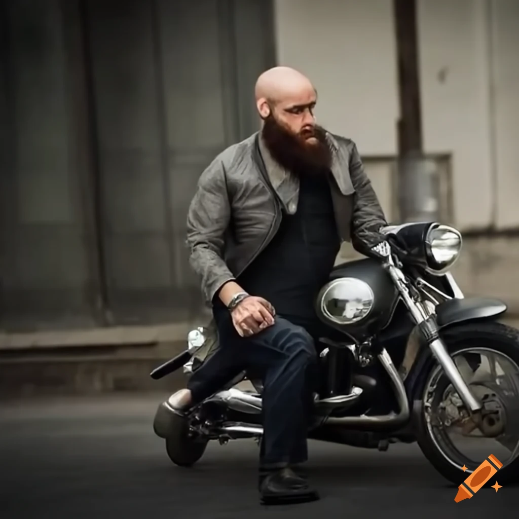 Man with a beard riding a motorcycle