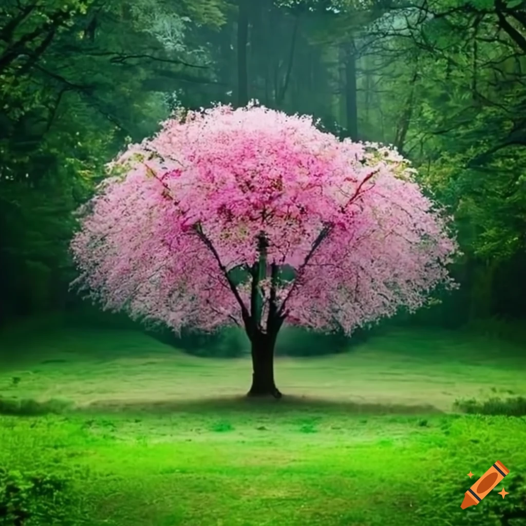 Cherry blossom tree in a green forest on Craiyon
