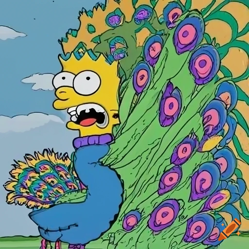 Cartoon of bart simpson riding a peacock on Craiyon
