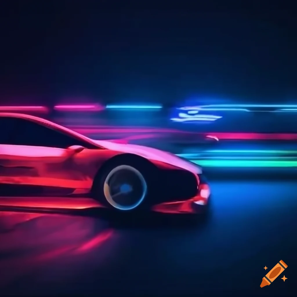 Neon-lit night race with speeding race cars on Craiyon