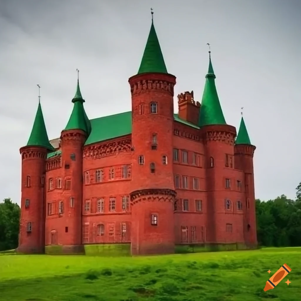 Red castle with green walls and windows on Craiyon