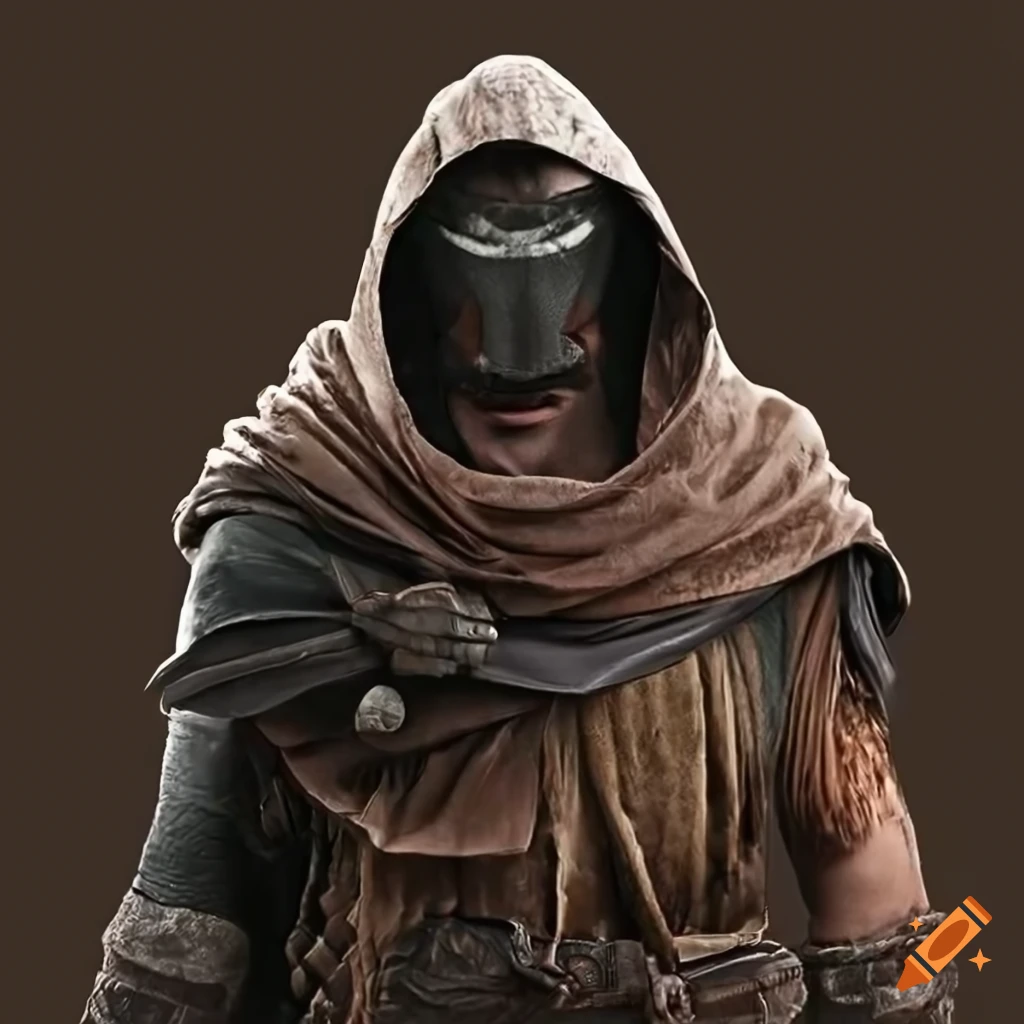 Image of a hooded desert warrior with a dangerous mask on Craiyon