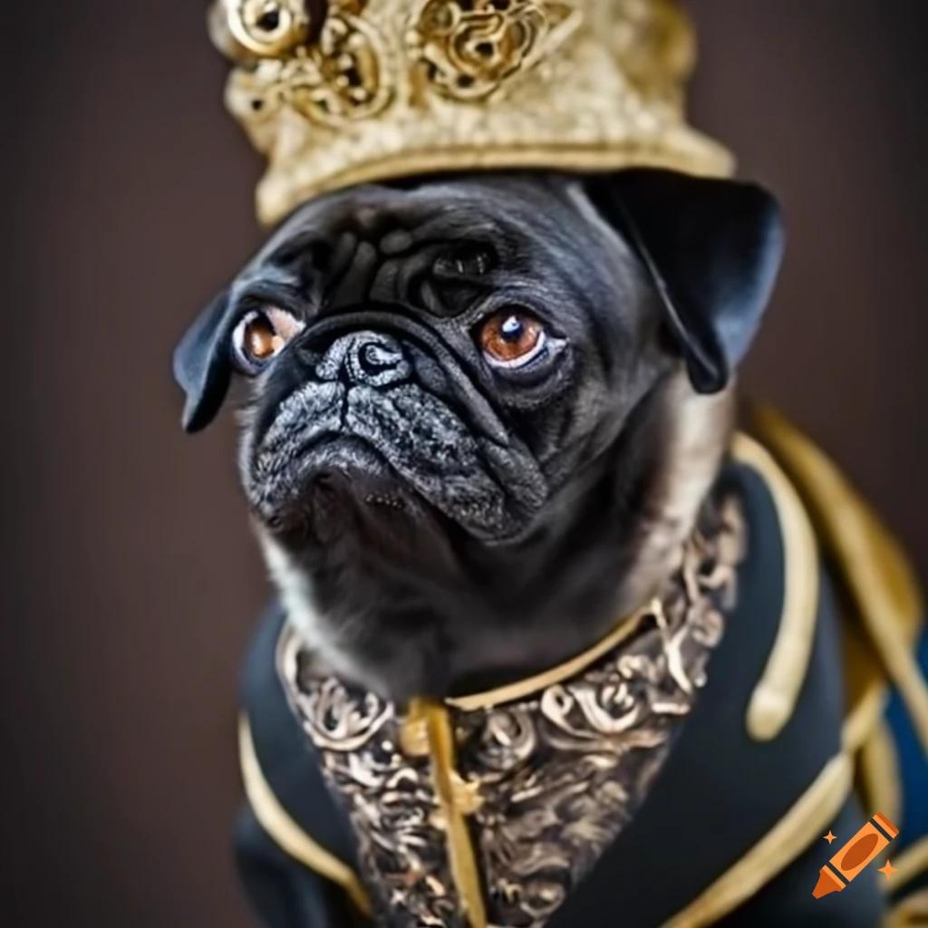 Classical painting of a black pug dressed like royalty