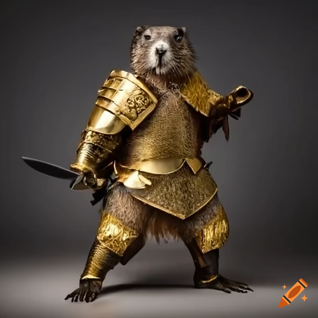 Illustration of a marmot in golden armor with a sword on Craiyon