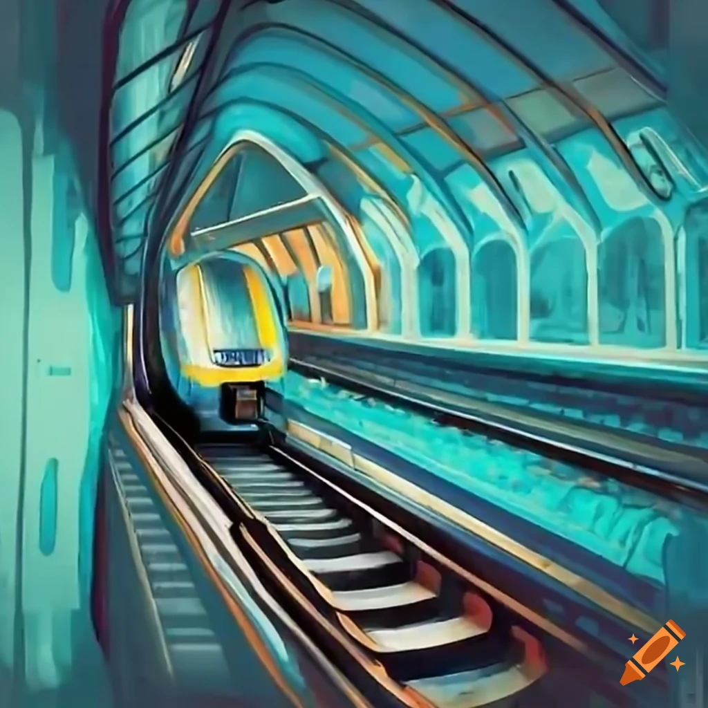 Modern train at a turquoise station on Craiyon