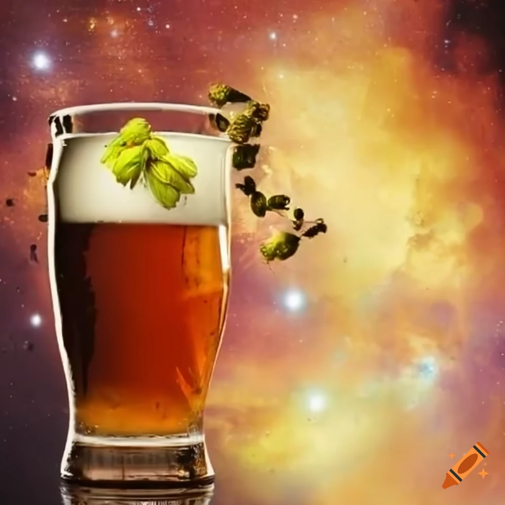 Beer advertisement with galaxy and hops