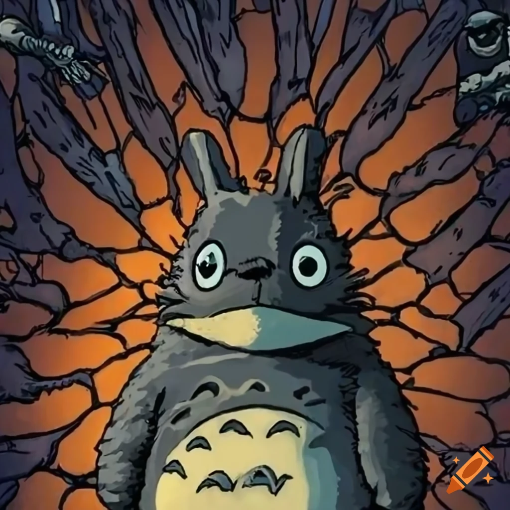 Noir graphic novel artwork of godzilla, garfield, and totoro on Craiyon