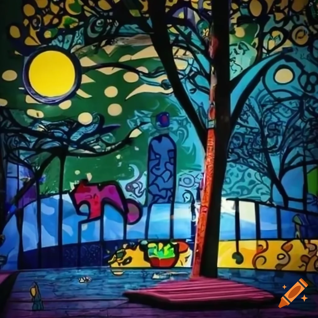 Romero britto inspired artwork of a nighttime stroll in central park on ...