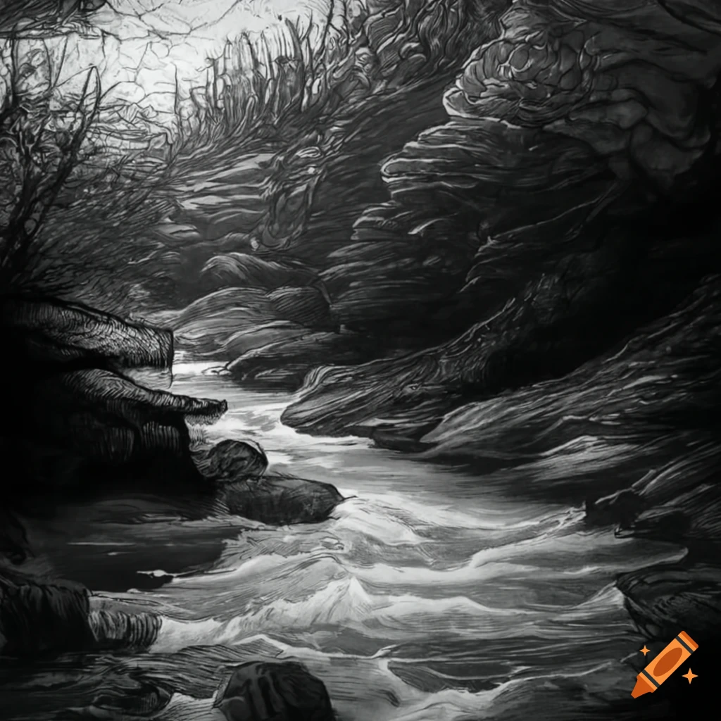 Detailed illustration of a river in berserk manga on Craiyon